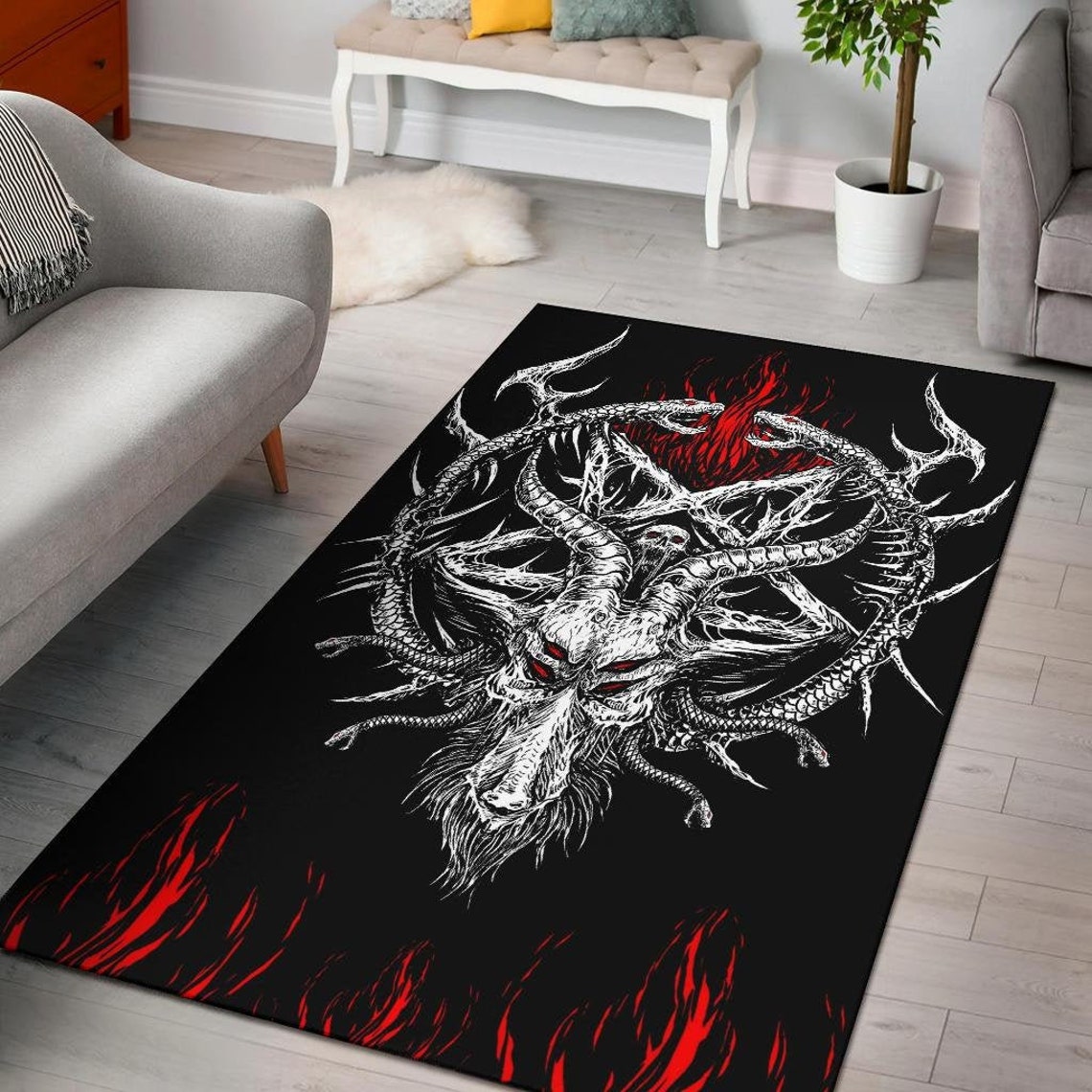 Skull Satanic Goat Serpent Inverted Pentagram Flame Area Rug Black and ...