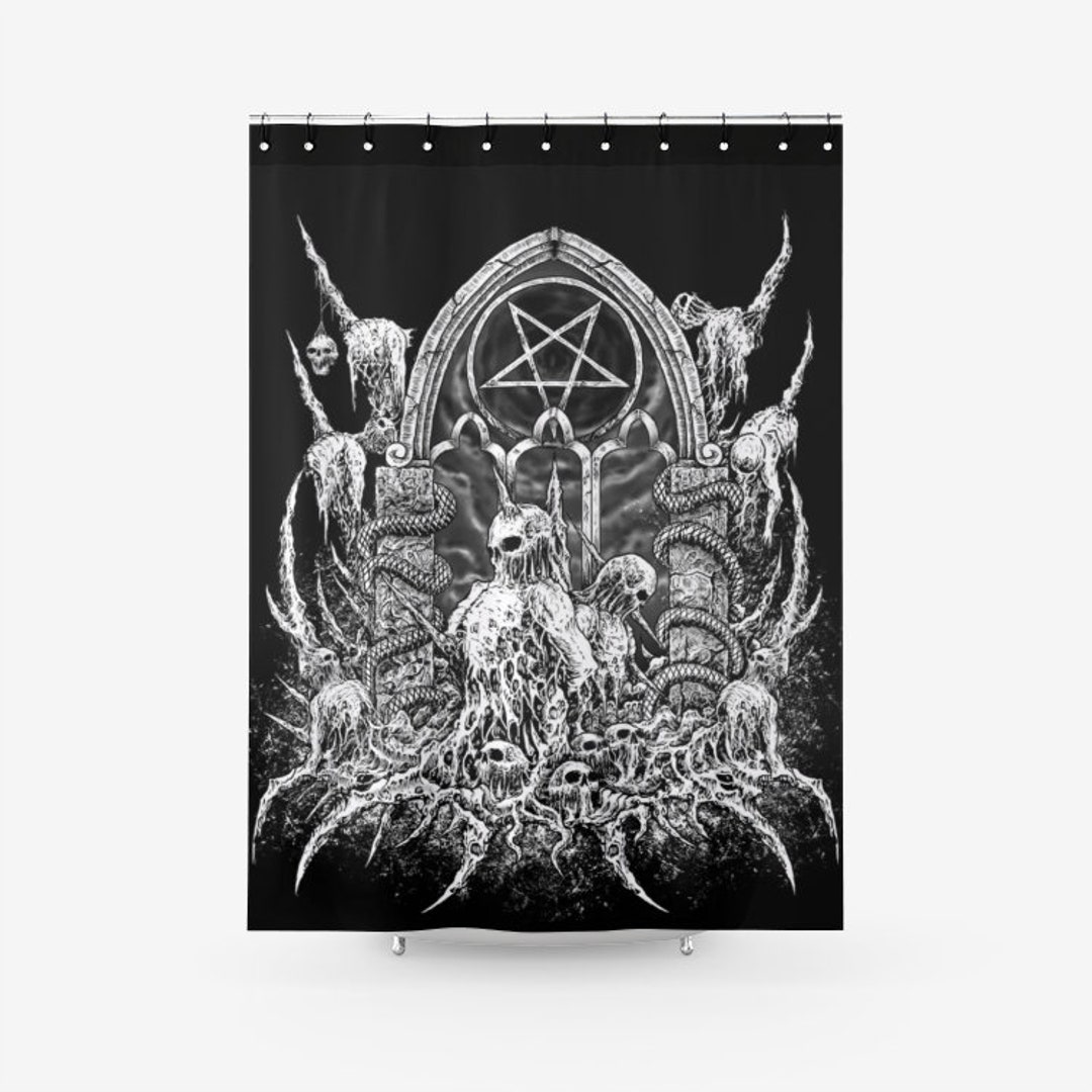 Skull Satanic Pentagram Shrine Textured Fabric Shower Curtain Black and ...