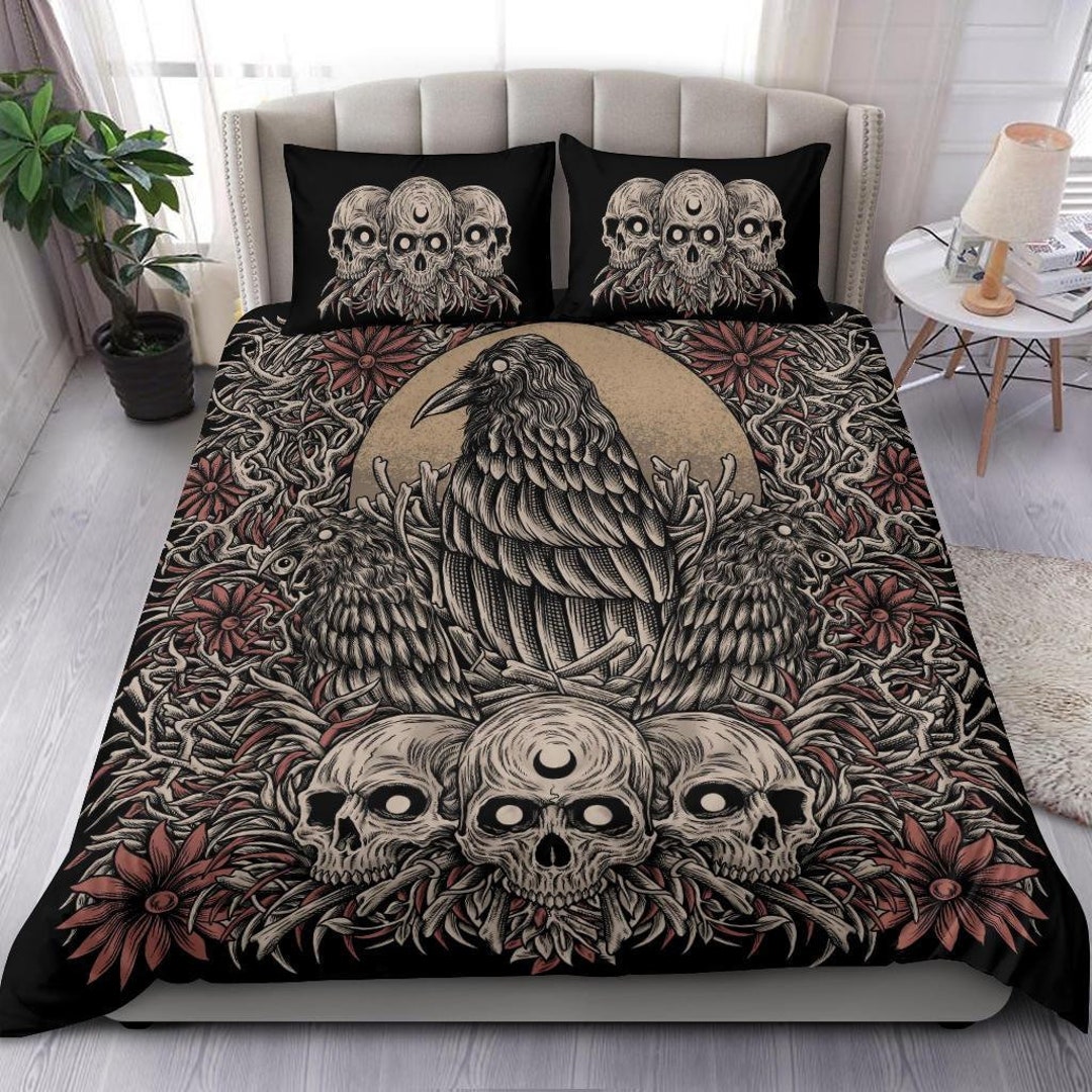 Skull Gothic Occult Crow 3 Piece Duvet Set Color Version-gothic Occult ...
