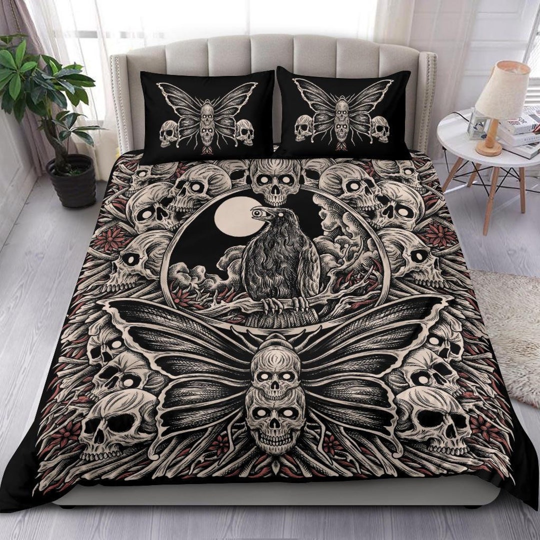 Skull Occult Raven Crow Moth 3 Piece Duvet Set Color Version-skull ...