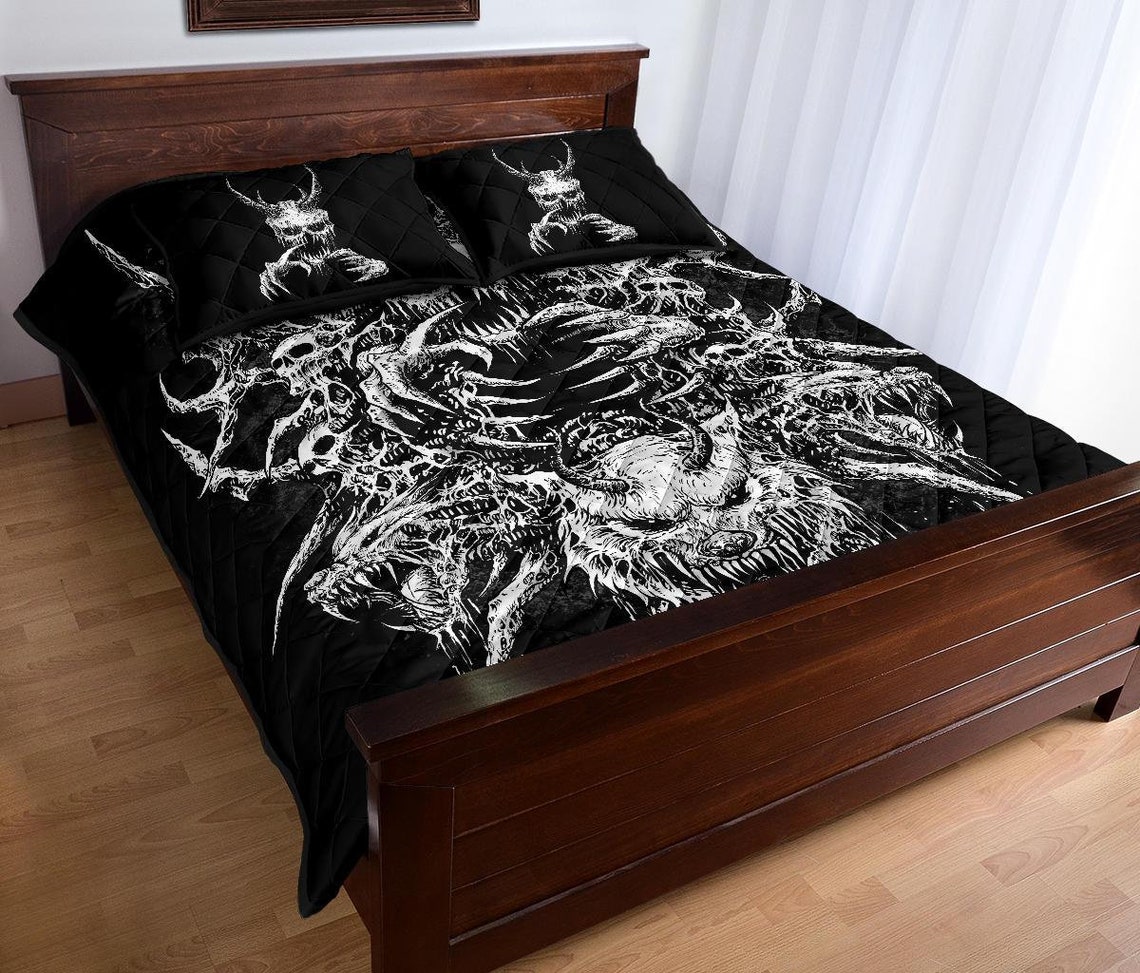 Skull Demon Wolf Quilt 3 Piece Bed Set Black and White Version-skull ...