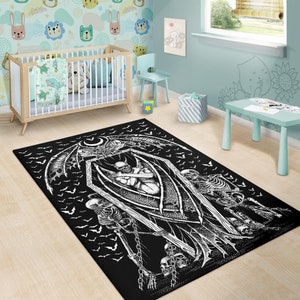Skull Skeleton Chain Wicked Bat Shroud Area Rug Black and White-goth ...