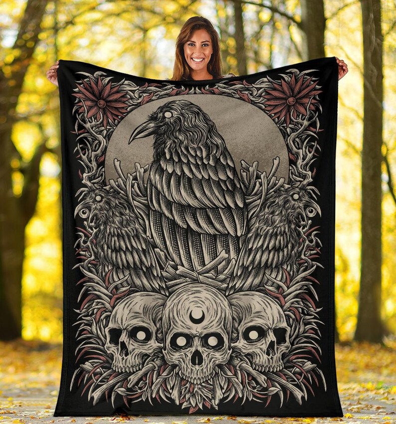 Skull Gothic Occult Crow Blanket Color Version-goth Occult | Etsy