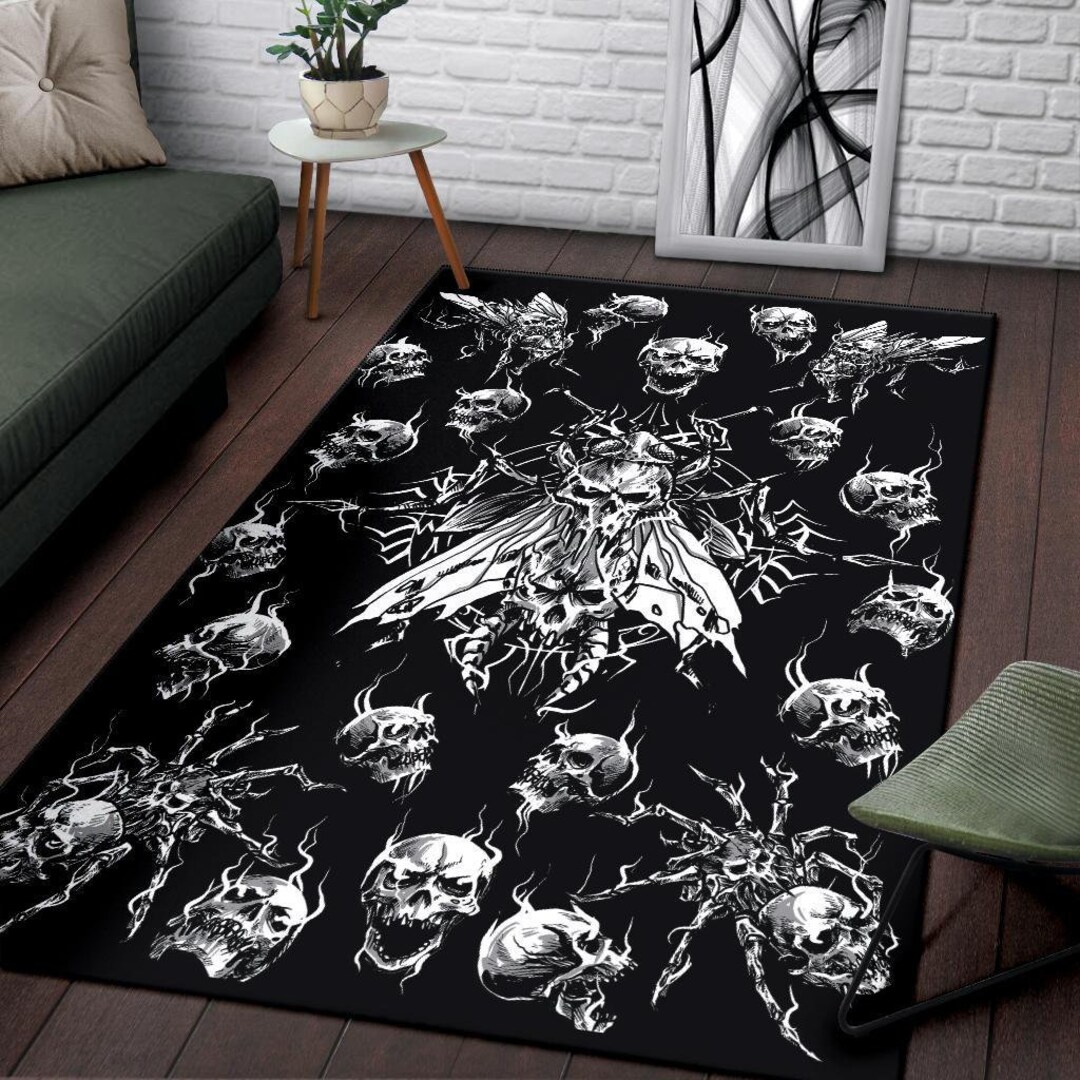 Smoke Skull Evil Goth Spider Fly Area Rug Black and White-skull Goth ...