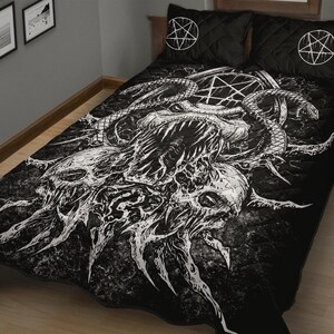 Skull Satanic Pentagram Serpent Demon Quilt 3 Piece Bed Set Black and ...