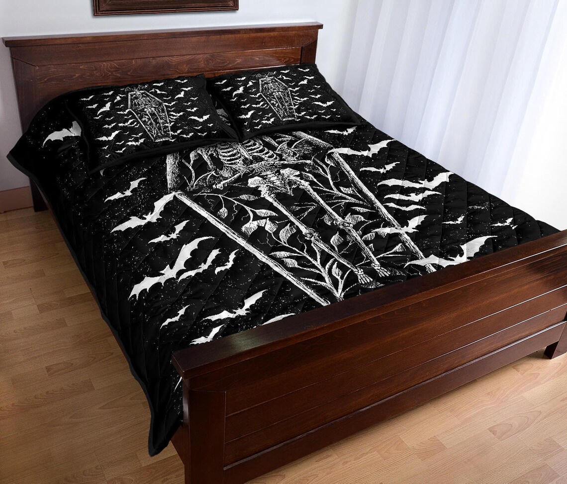 Bat Skull Skeleton Coffin Shrine 3 Piece Quilt Black and - Etsy