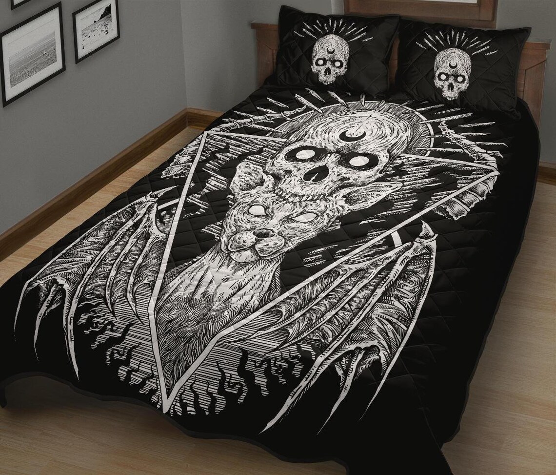 Gothic Quilt Skull Bat Wing Cat 3 Piece Bed Set Black and - Etsy