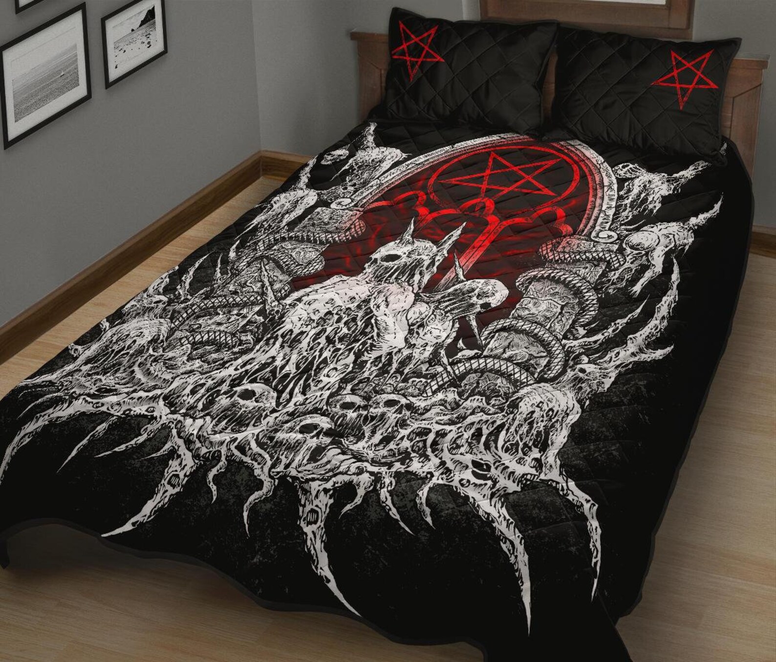 Skull Satanic Pentagram Shrine Quilt 3 Piece Set New Red-goth Skull ...