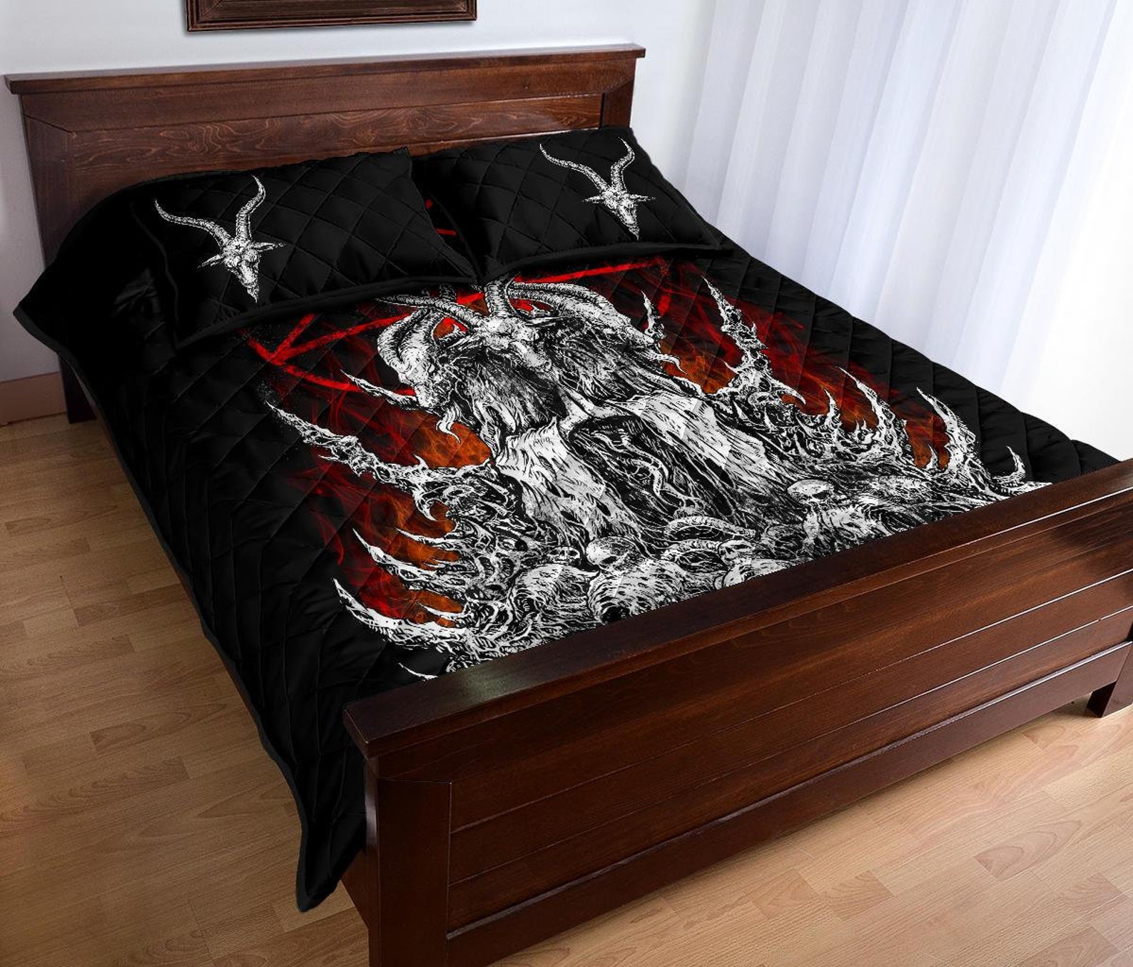 Skull Satanic Goat Satanic Pentagram Flame Quilt 3 Piece Set Large ...