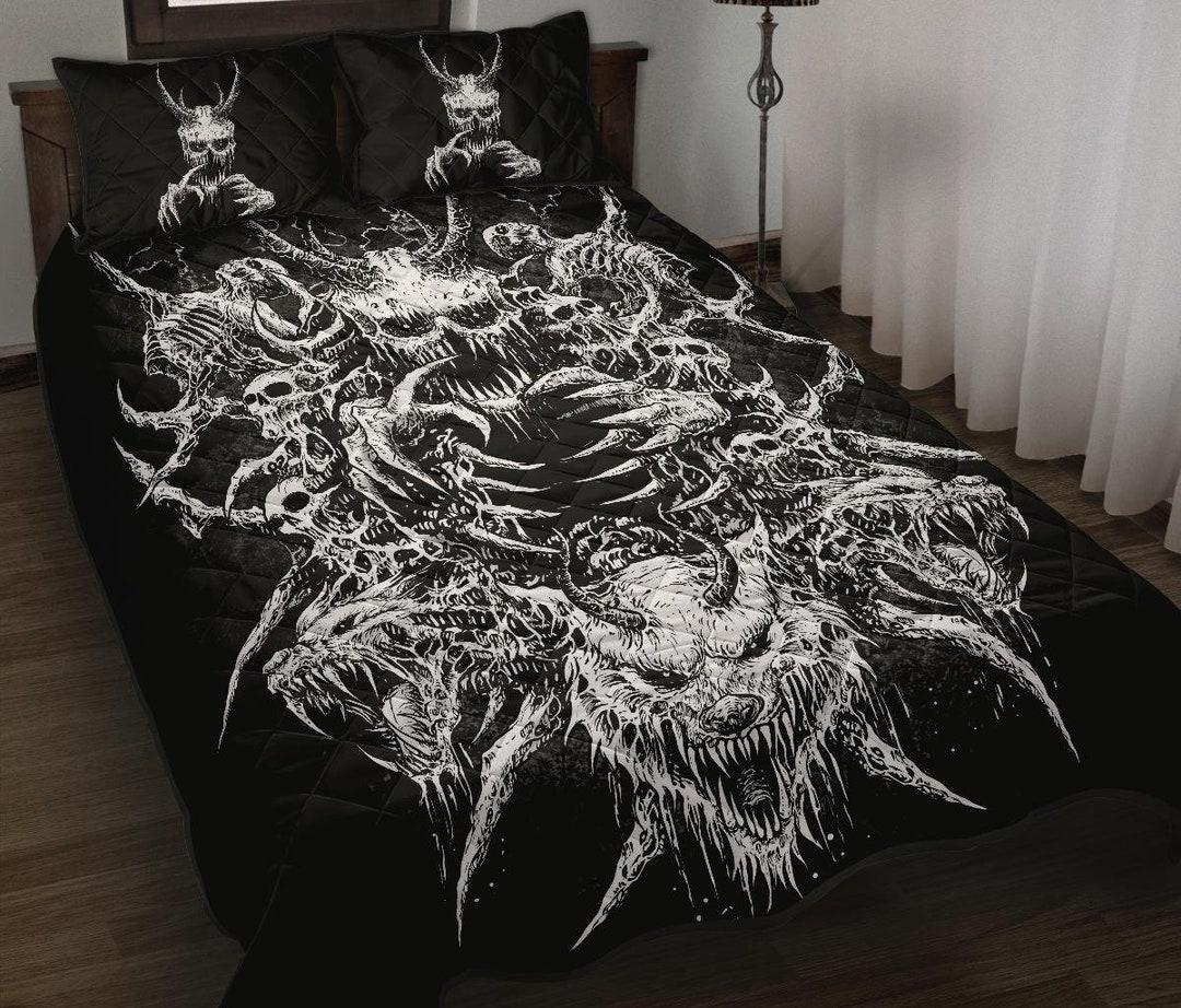 Skull Demon Wolf Quilt 3 Piece Bed Set Black and White Version-skull ...