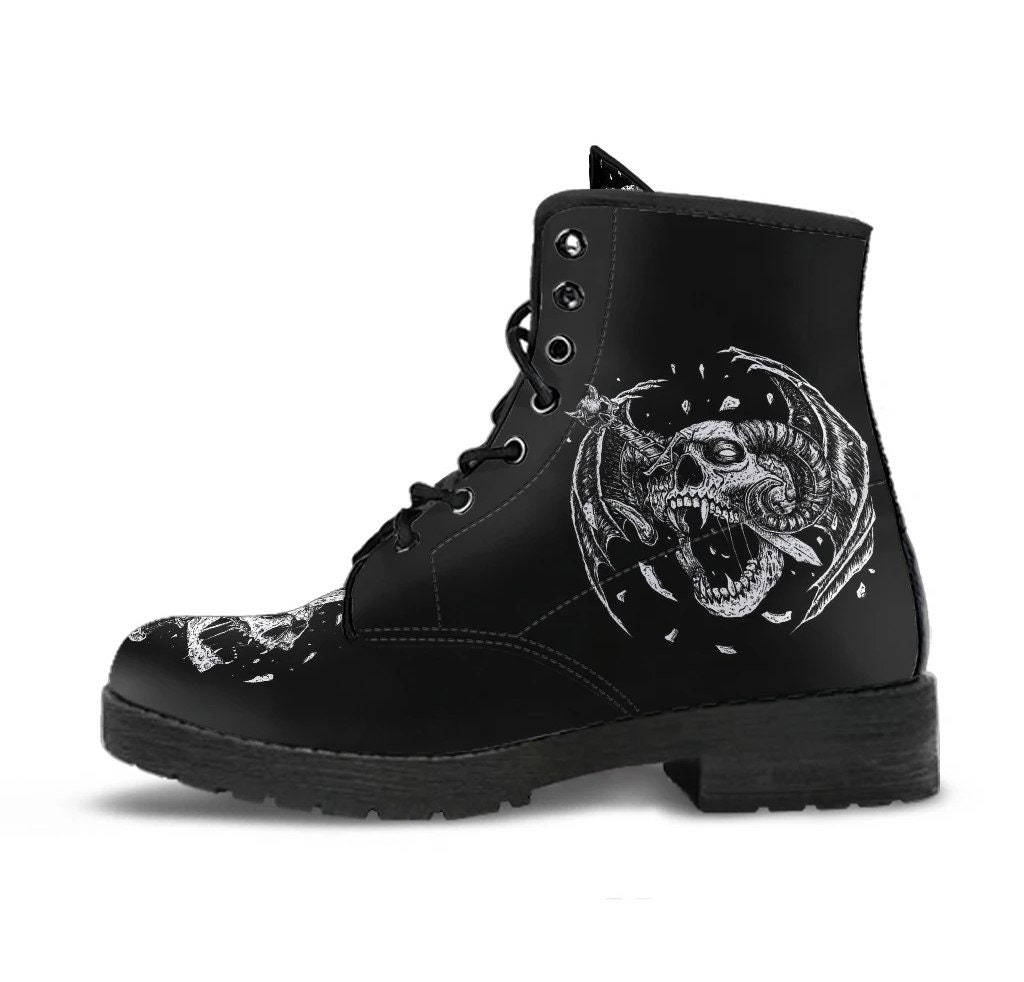 Skull Exploding Demon Wing Dagger Leather Boots-skull Punk Boots-skull ...