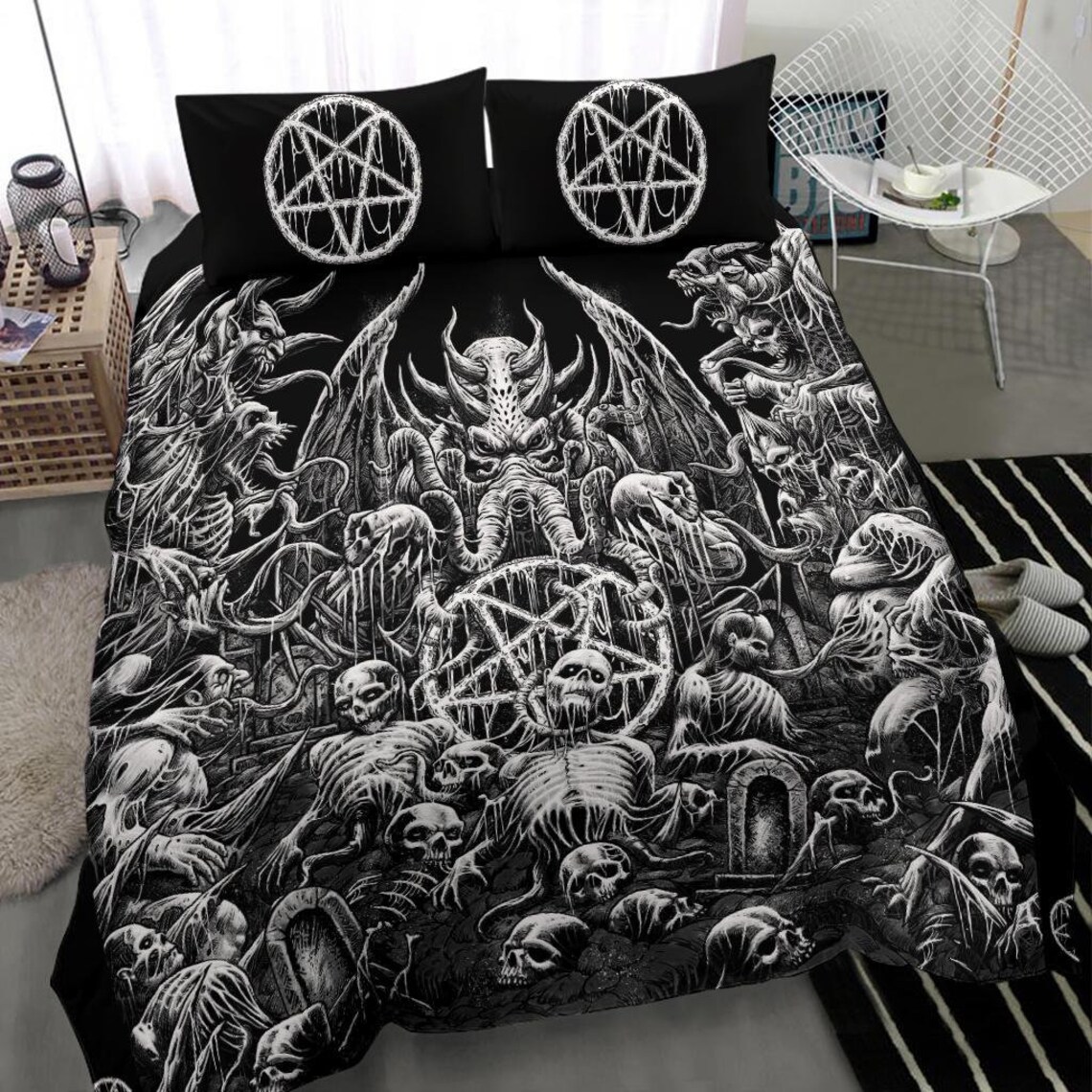 Skull Demon Satanic Pentagram Cthulhu 3 Piece Duvet Black and | Etsy