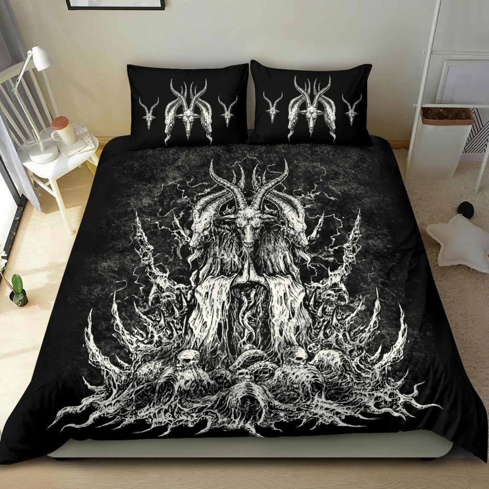 Satanic Skull Goat 2nd Version With Inverted Pentagram Goat Head Pillow ...
