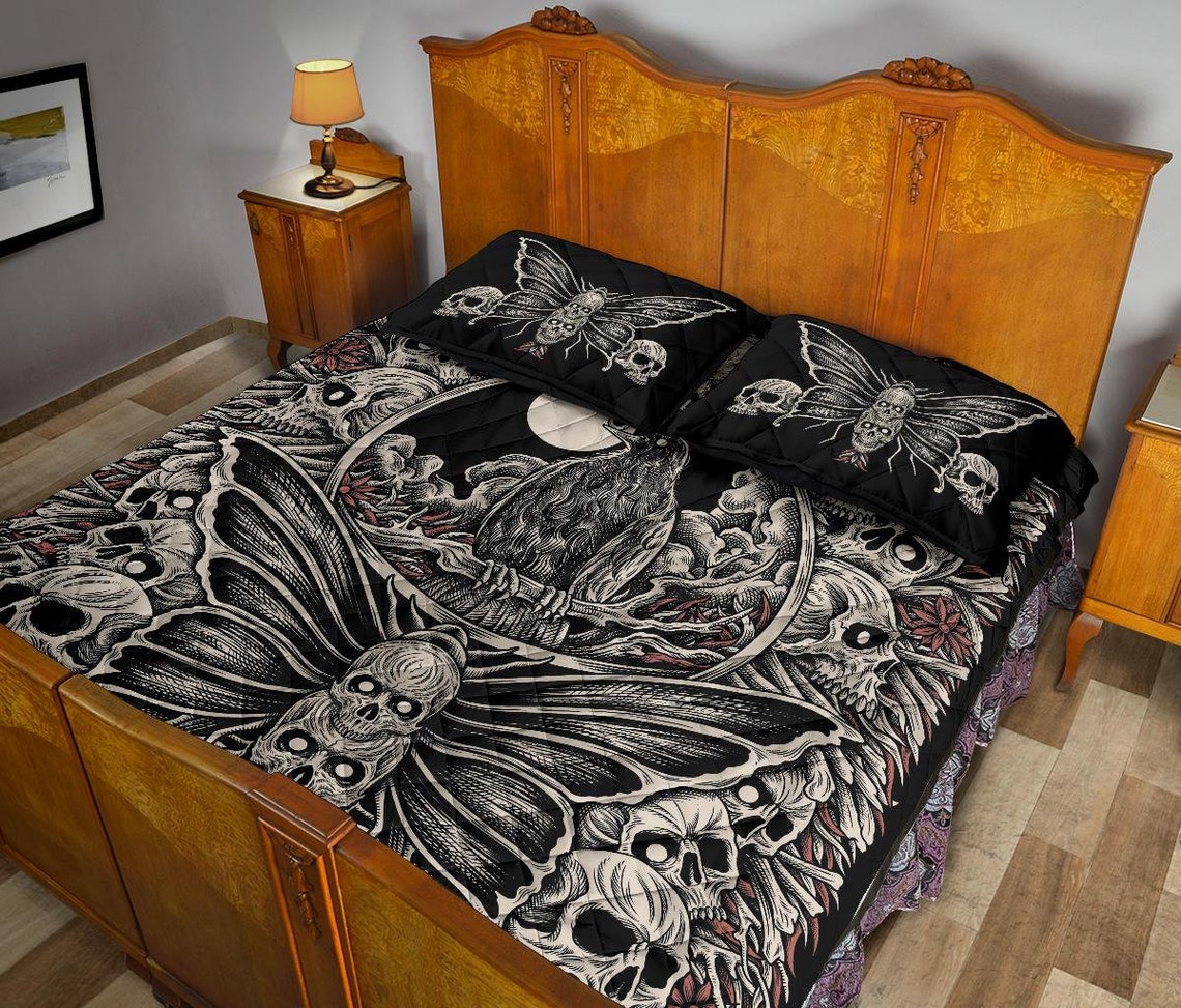 Skull Occult Raven Crow Moth Quilt 3 Piece Set Color Version-occult ...