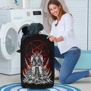 Skull Satanic Goat Pentagram Flame Laundry Hamper-baphomet Decpr ...