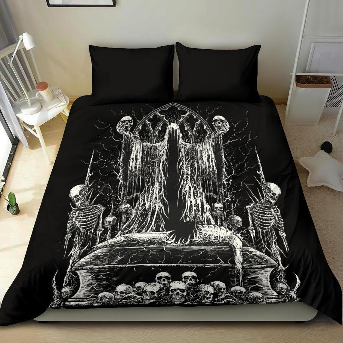 Skull Hooded Demon Impaled Coffin Shrine 3 Piece Duvet Set Black and ...