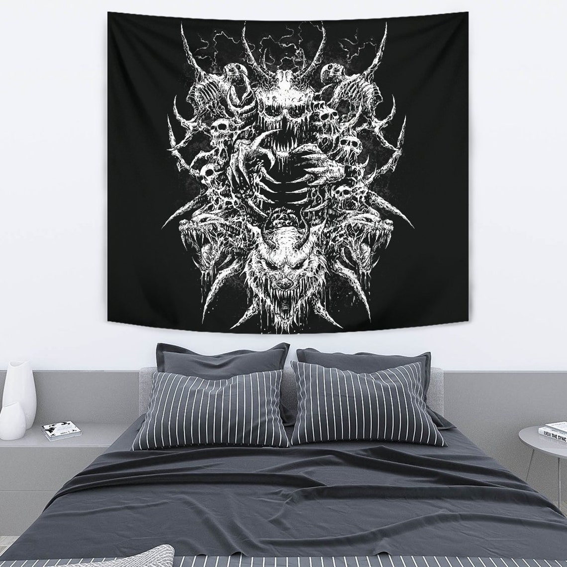 Skull Demon Wolf Large Wall Tapestry Black and White | Etsy