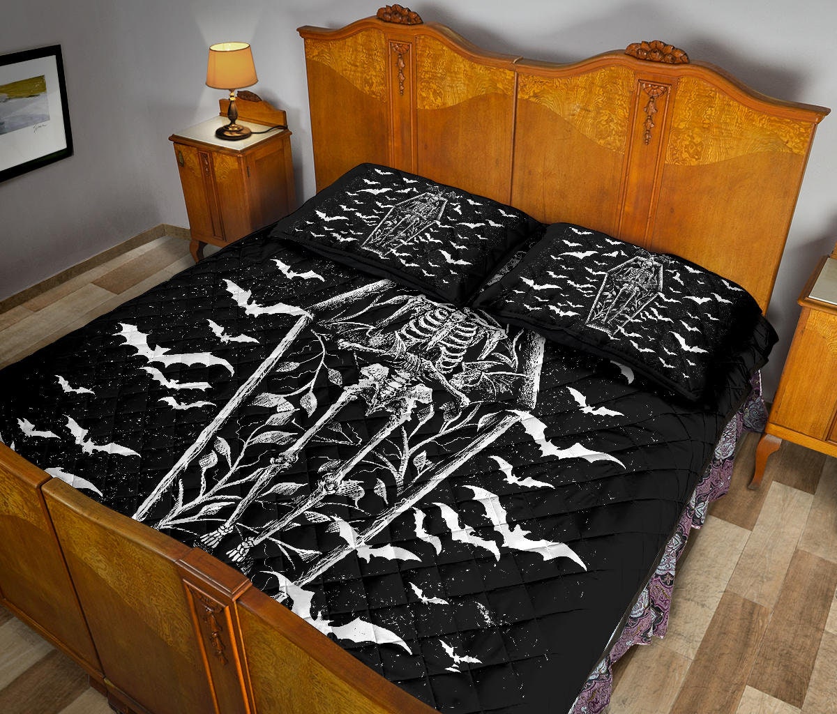 Bat Skull Skeleton Coffin Shrine 3 Piece Quilt Black and White-gothic ...