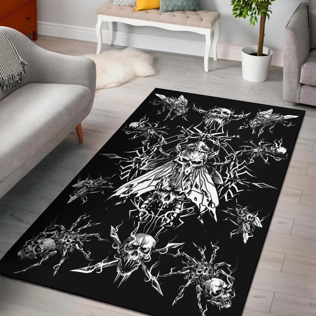 Skull Goth Evil Spider Fly Area Rug Black and White-skull Goth Satanic ...