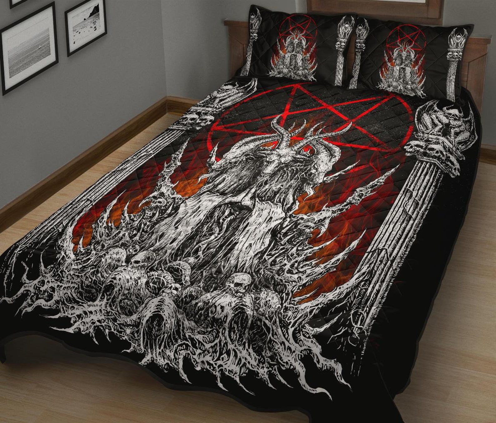 Skull Satanic Goat Satanic Pentagram Flame Quilt 3 Piece Bed Set ...