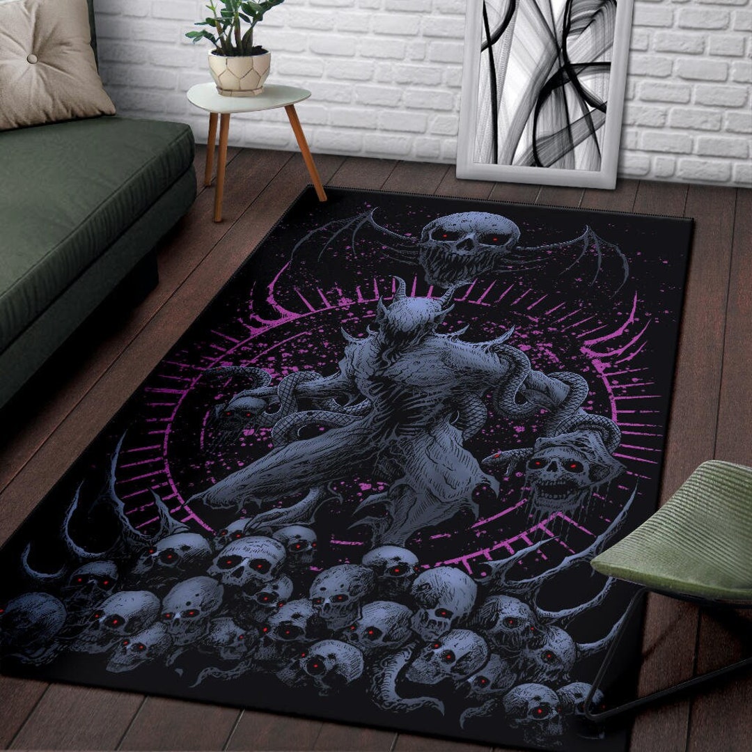 Skull Serpent Demon Batwing Skull Trophy Area Rug Night Blue Pink-skull ...