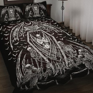 Skull Skeleton Chain Wicked Bat Shroud 3 Piece Quilt Set Black and ...