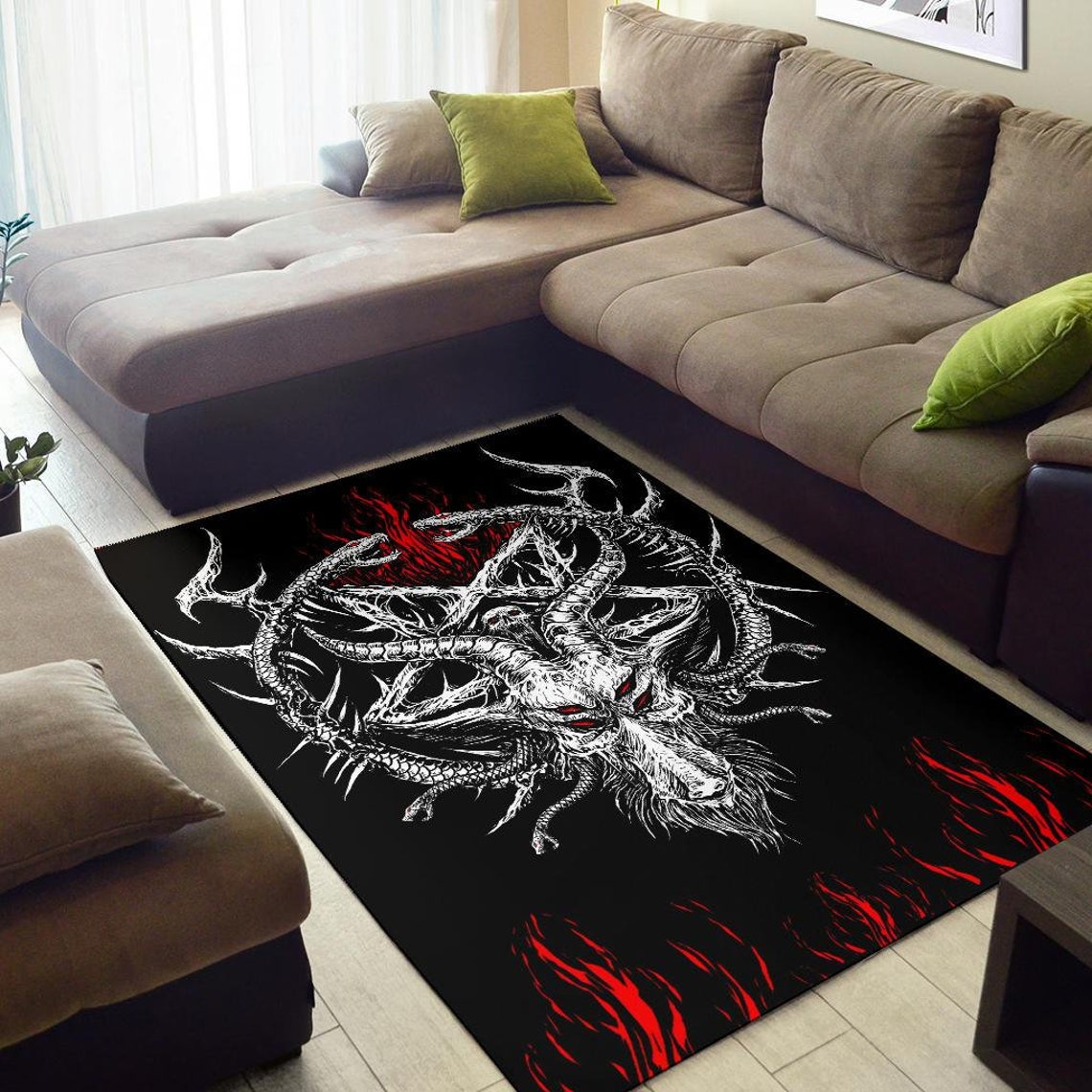 Skull Satanic Goat Serpent Inverted Pentagram Flame Area Rug Black and ...