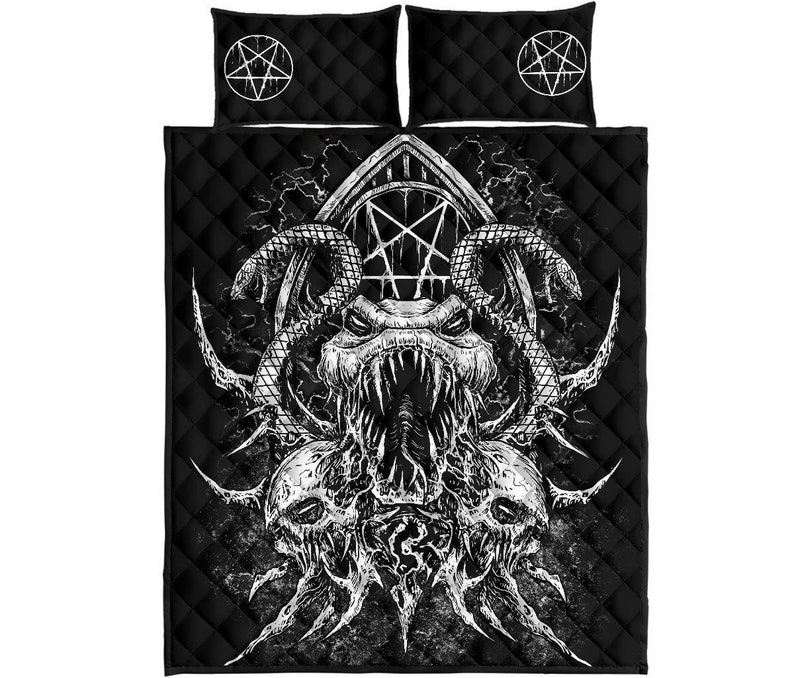 Skull Satanic Pentagram Serpent Demon Quilt 3 Piece Bed Set Black and ...