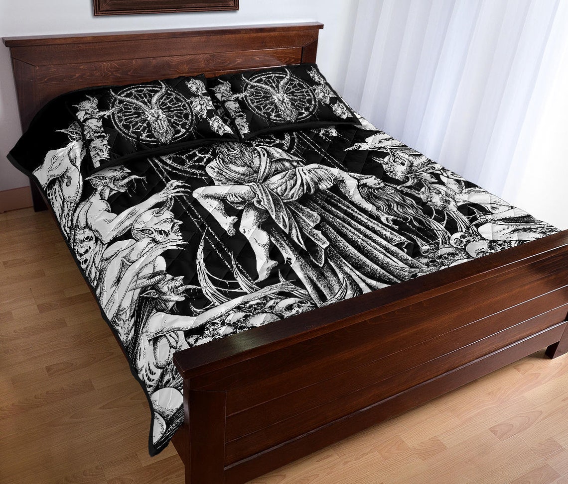 Skull Baphomet Goat Demon Frenzy 3 Piece Quilt Set Black and White ...