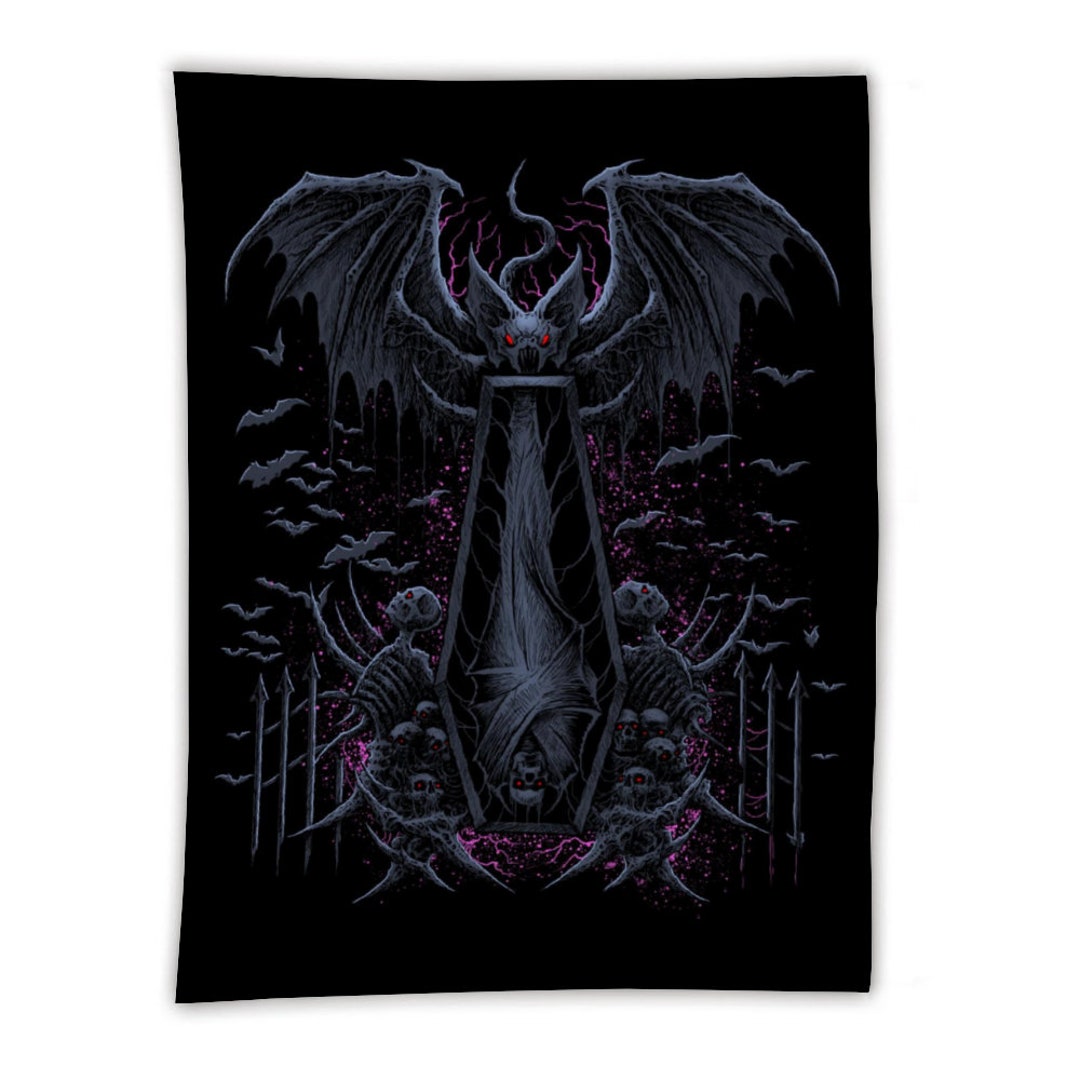 Skull Batwing Skeleton Coffin Shroud Awesome Night Blue Pink Tapestry ...