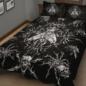 Skull Goth Evil Spider Fly Quilt 3 Piece Set Black and White-gothic ...