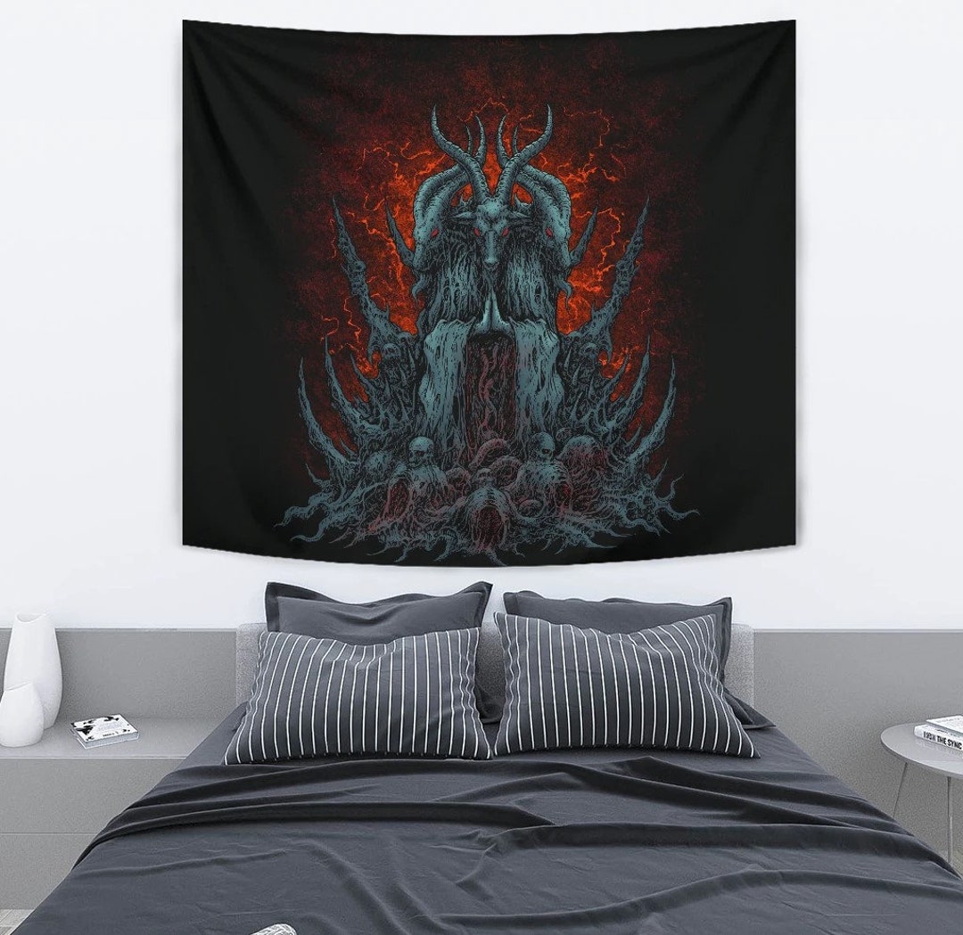 Skull Satanic Goat Wall Tapestry Original Flame Color Version-satanic ...