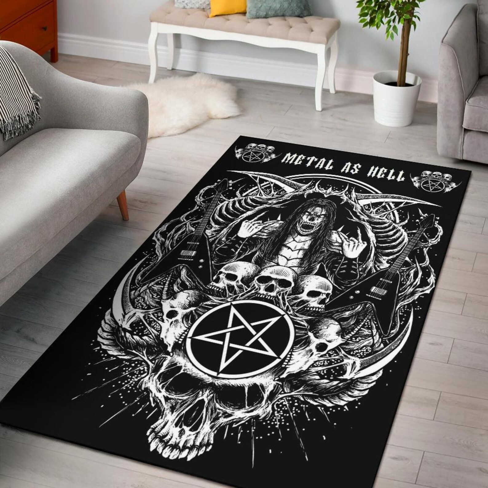 Skull Inverted Pentagram Guitar Metal Head Area Rug-heavy Metal Room ...