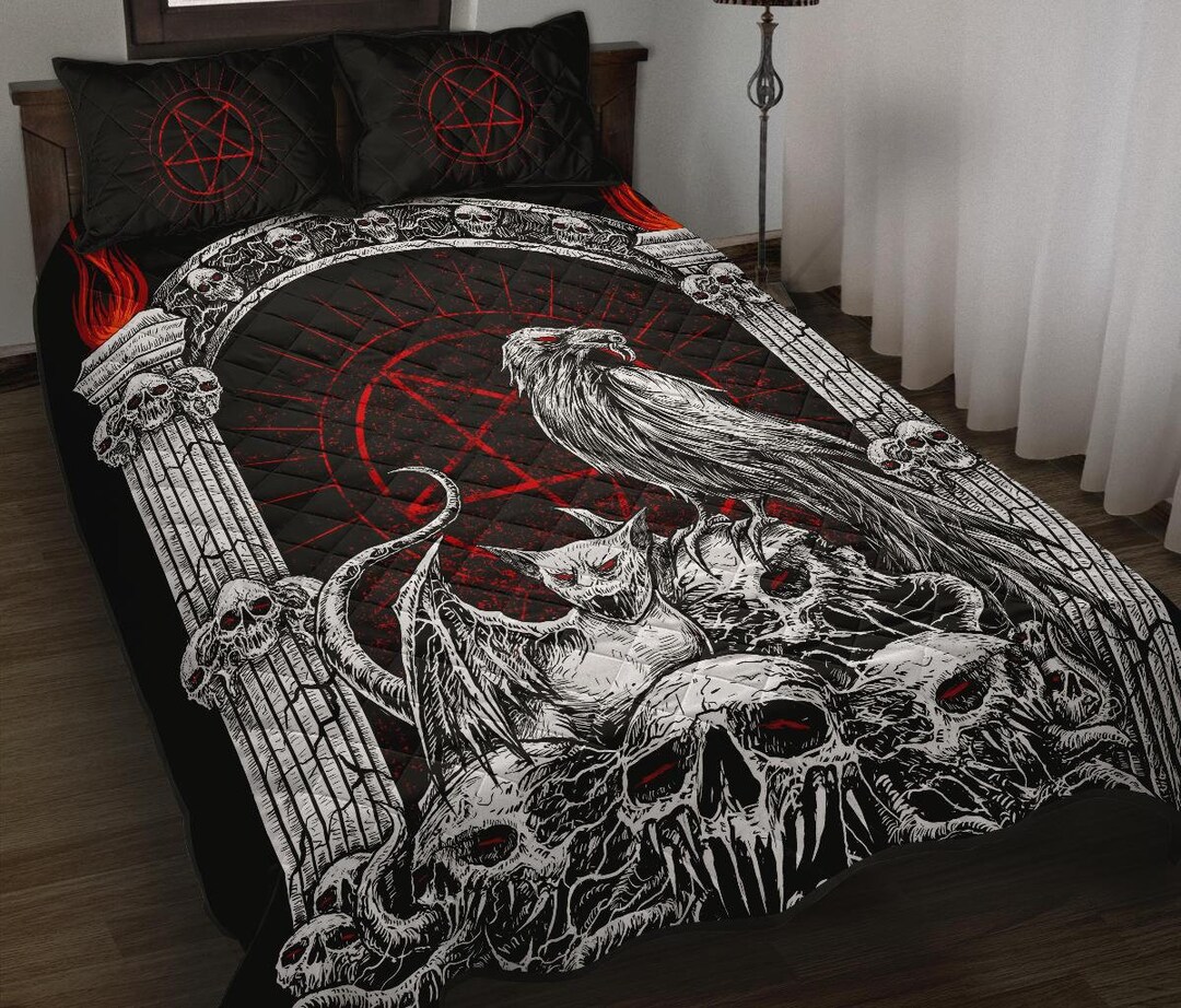 Skull Goth Occult Pentagram Batwing Demon Cat Quilt 3 Piece Set Black ...