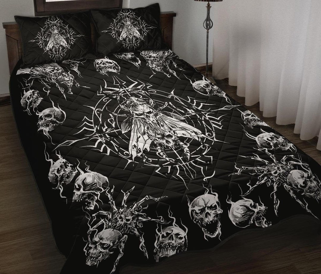 Smoke Skull Goth Spider Fly Quilt 3 Piece Set Black and White-skull ...
