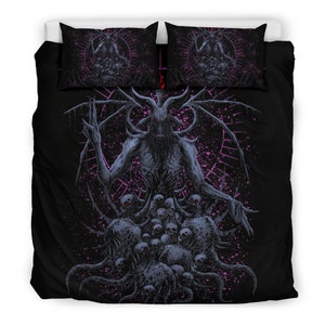 Skull Batwing Baphomet 3 Piece Duvet Set Night Blue Pink-baphomet ...