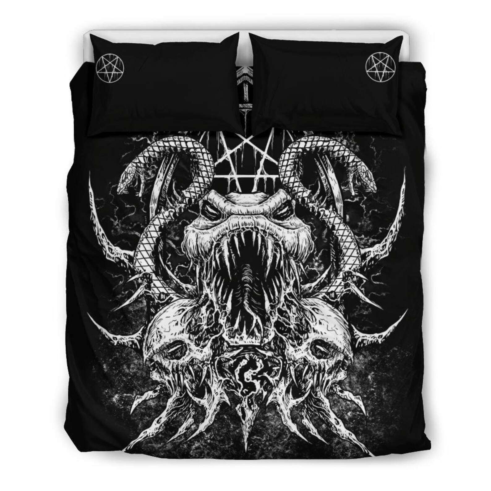 Skull Demon Serpent Satanic Pentagram 3 Piece Duvet Set Black and White ...