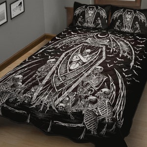 Skull Skeleton Chain Wicked Bat Shroud 3 Piece Quilt Set Black and ...
