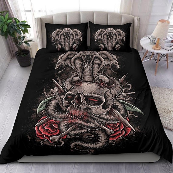 Skull Rose Serpent 3 Piece Duvet Set-skull Serpent Bed - Etsy