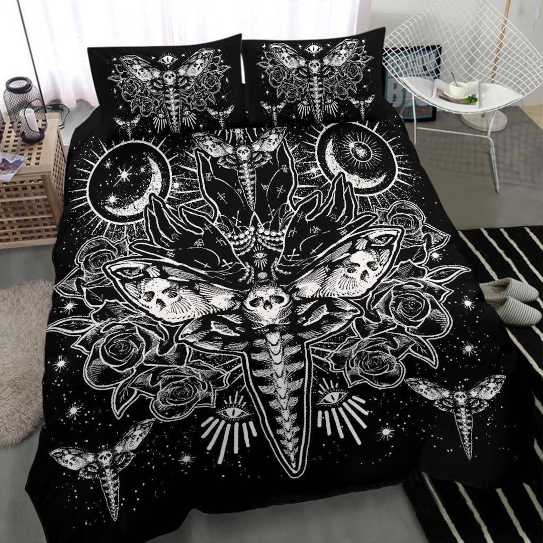 Skull Moth Secret Society Occult Style 3 Piece Duvet Set Black and ...