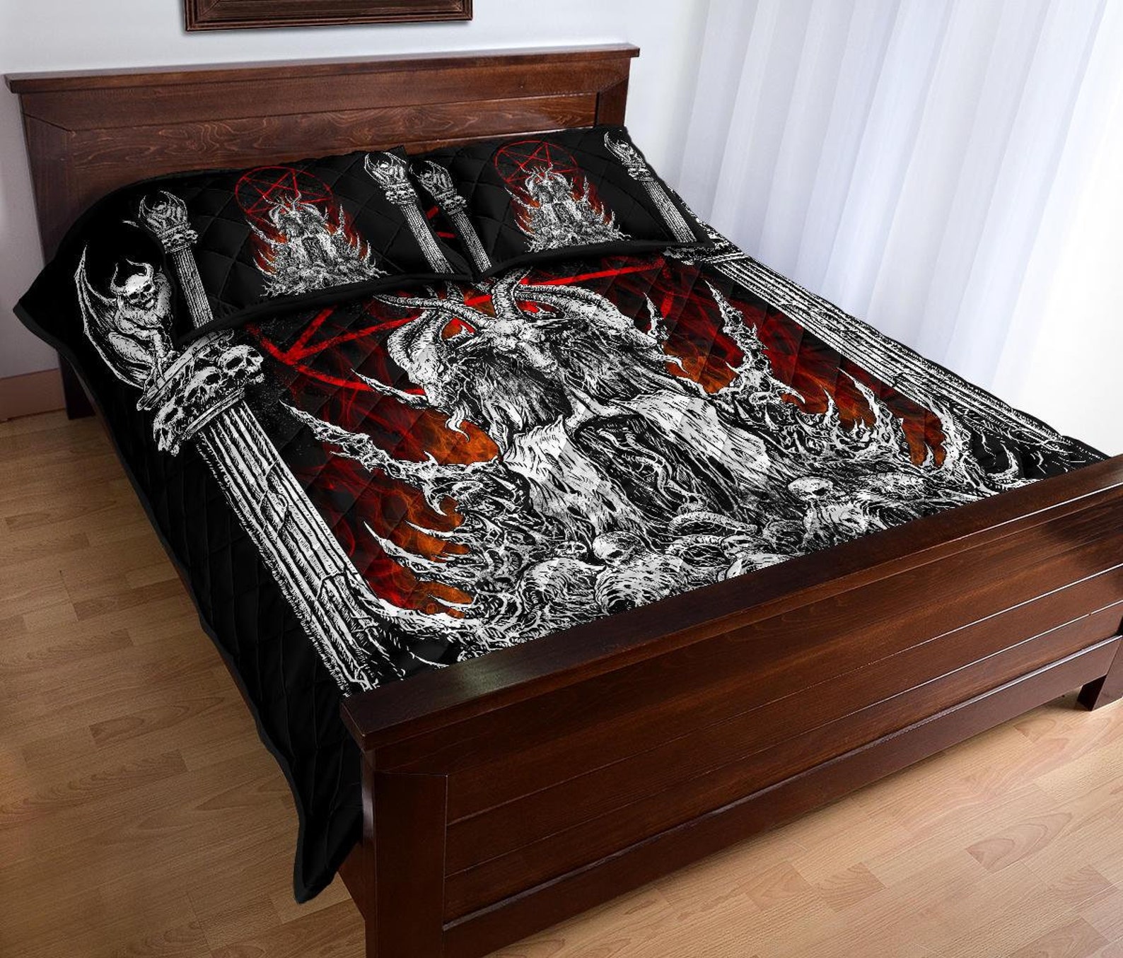 Skull Satanic Goat Satanic Pentagram Flame Quilt 3 Piece Bed Set ...