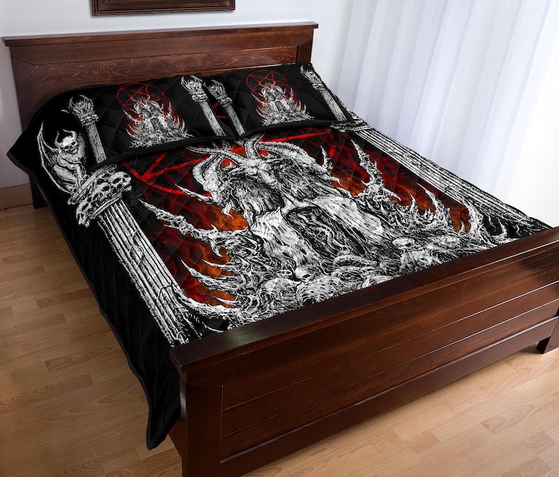 Skull Satanic Goat Satanic Pentagram Flame Quilt 3 Piece Bed Set ...