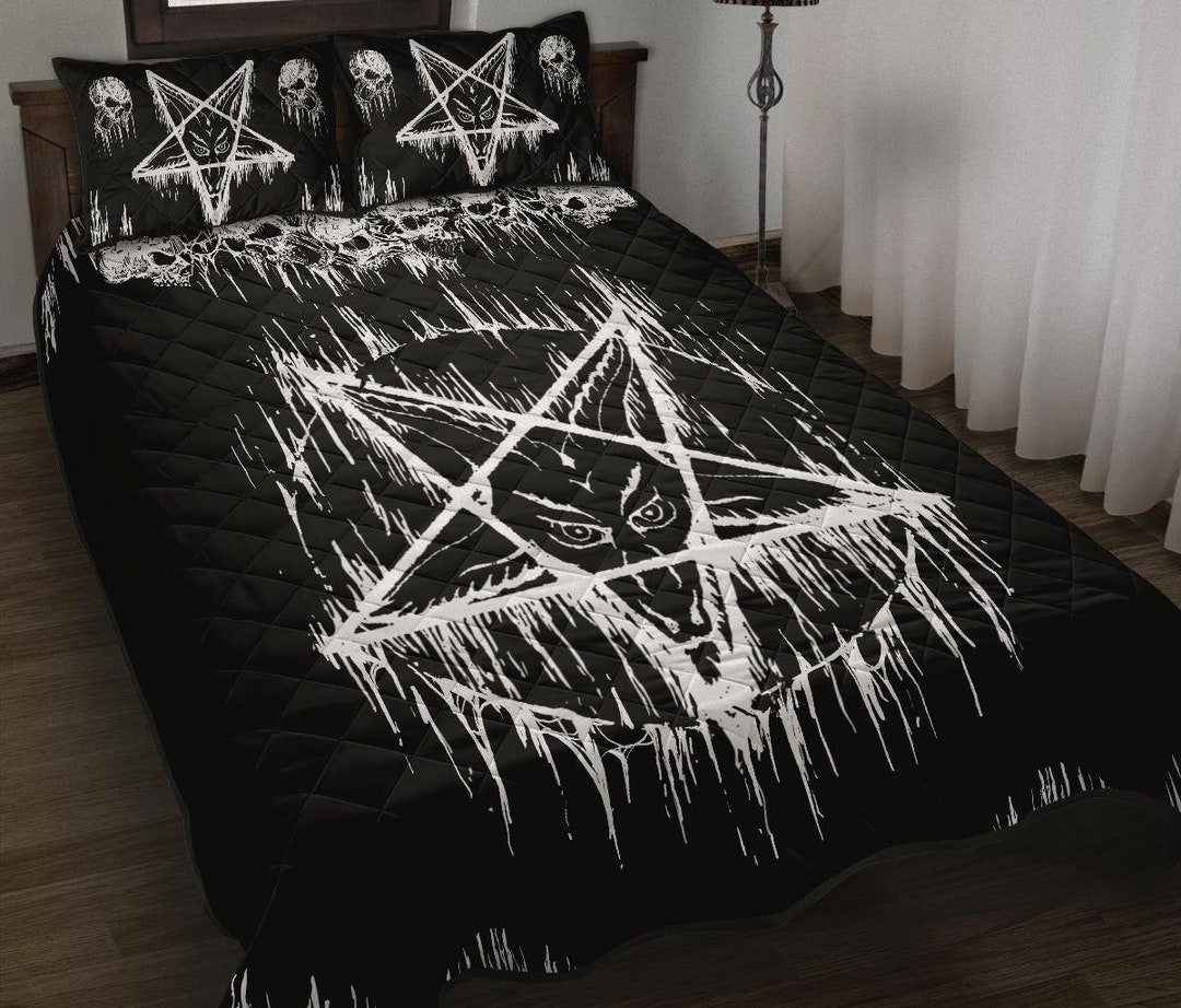 Skull Satanic Pentagram Drip Quilt 3 Piece Bed Set-satanic Occult Goth ...