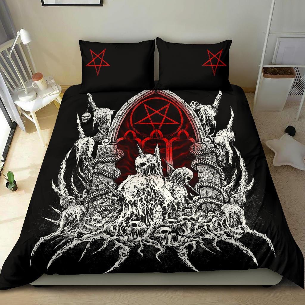 Skull Satanic Pentagram Shrine 3 Piece Duvet Set New Red With White ...