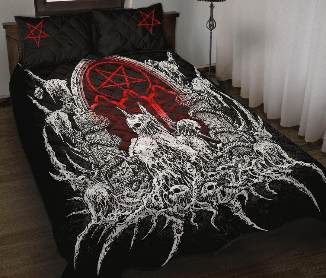 Skull Satanic Pentagram Shrine Quilt 3 Piece Set New Red-goth Skull ...