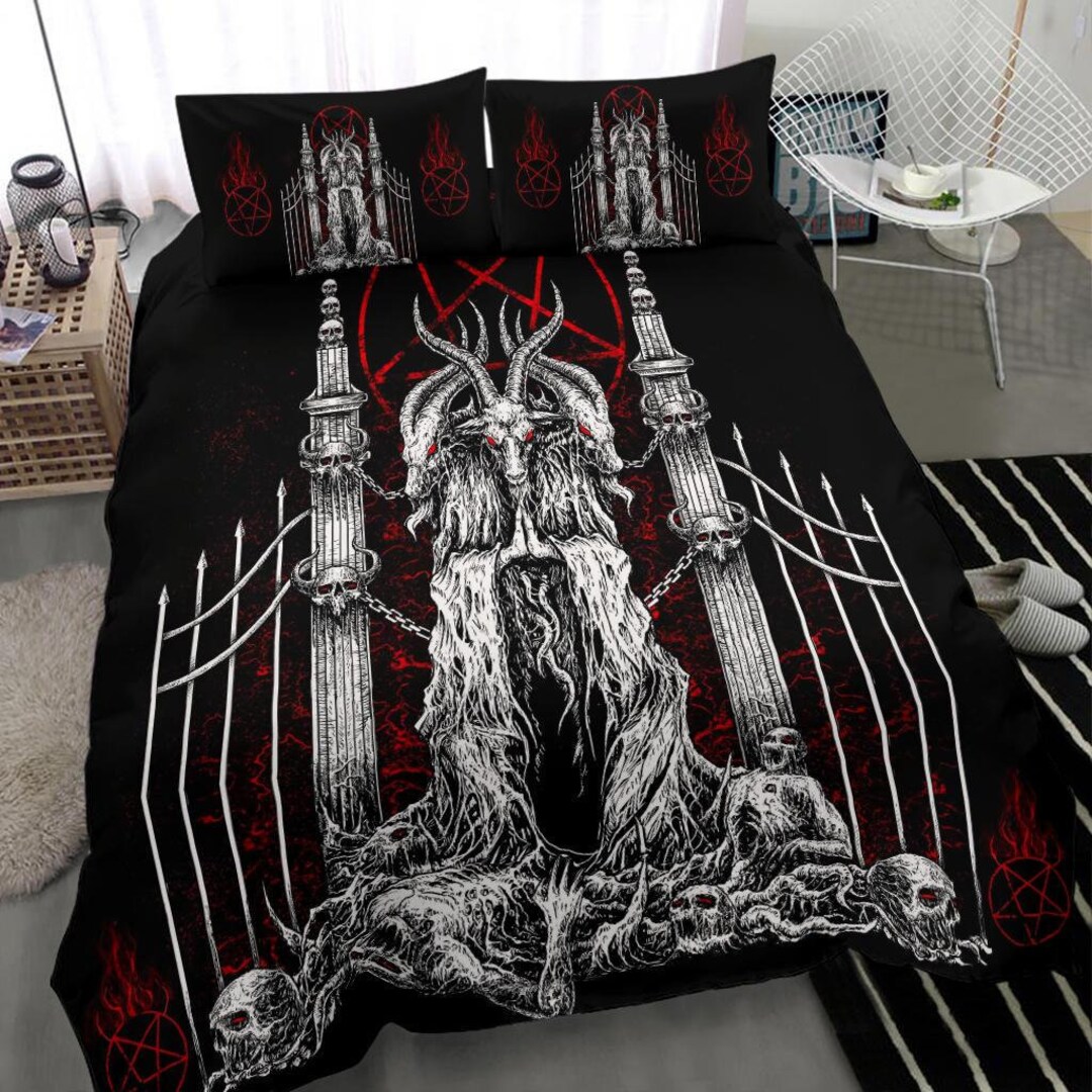 Skull Satanic Goat Satanic Pentagram Flame Welcome to Hells Gates 3 ...