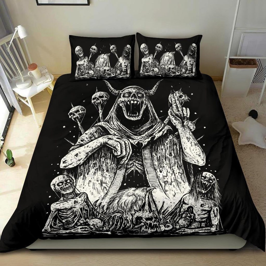 Satanic Horn Skull God Impaled Skulls 3 Piece Duvet Set-satanic Gothic ...