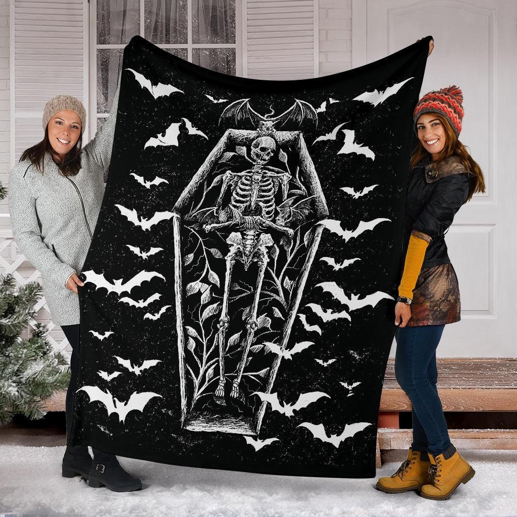 Bat Skull Skeleton Coffin Shrine Blanket Black and White Home - Etsy