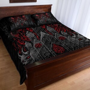 New! Skull Demon Satanic Pentagram Church Flame 3 Piece Quilt Red Flame ...