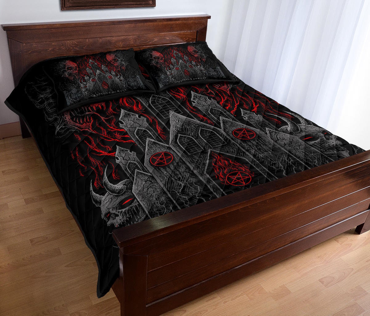 New! Skull Demon Satanic Pentagram Church Flame 3 Piece Quilt Red Flame ...